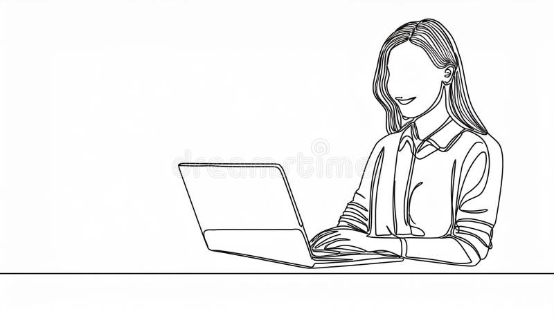 Continuous Single Line Drawing of Female Student Using Laptop Computer ...