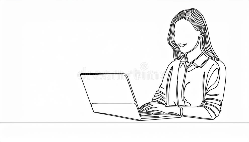 Continuous Single Line Drawing of Female Student Using Laptop Computer ...