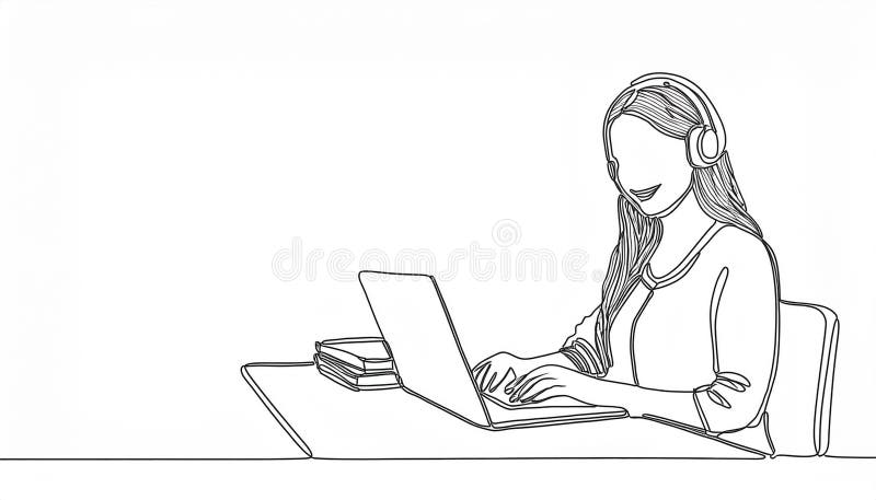 Continuous Single Line Drawing of Female Student Using Laptop Computer ...