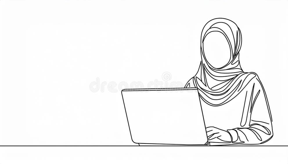 Continuous Single Line Drawing of Female Student Using Laptop Computer ...