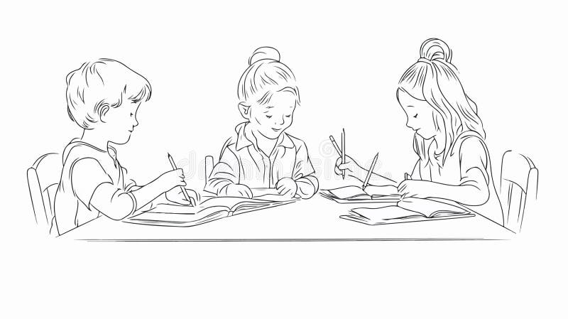 Continuous Single-line Drawing of Kids during a Lesson. Stock Vector ...