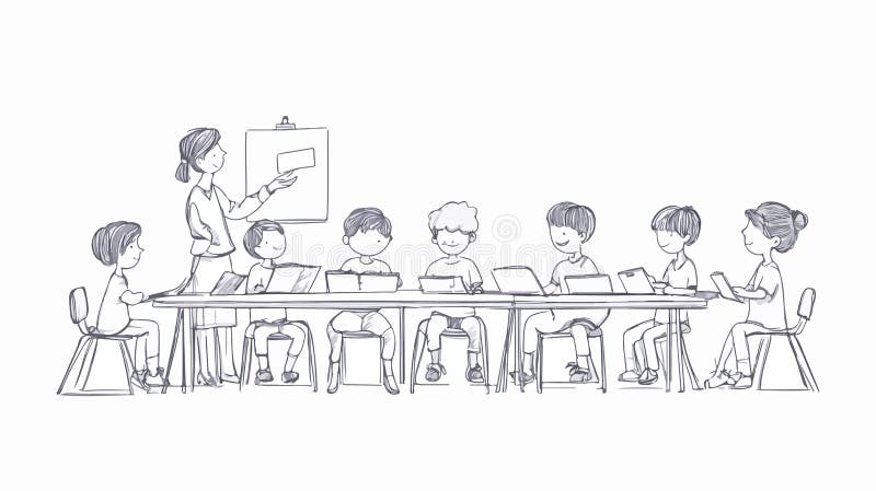 Continuous Single-line Drawing of Kids during a Lesson. Stock Vector ...