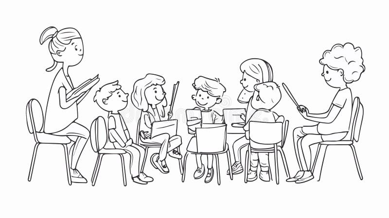 Continuous Single-line Drawing of Kids during a Lesson. Stock ...
