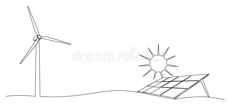 Continuous Single Line Drawing of Solar Energy and Wind Power Concept ...