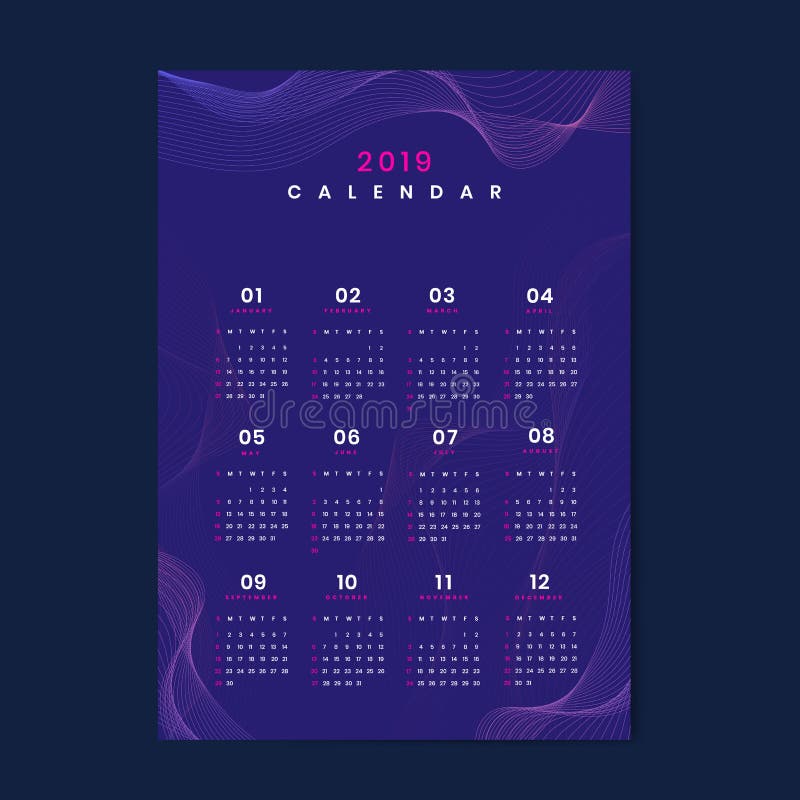 Purple Contour Patterned Calendar 2019 Vector Stock Vector ...