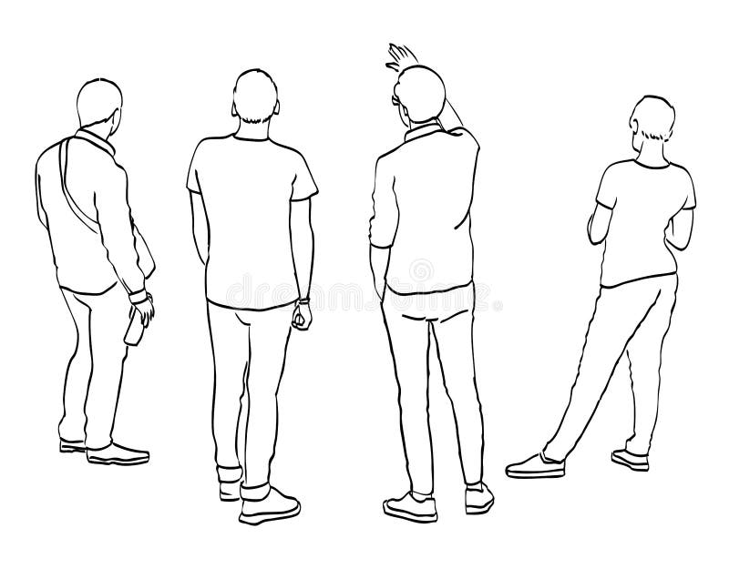 Contour Drawing of Group Young People Standing Outdoors on Summer Day ...