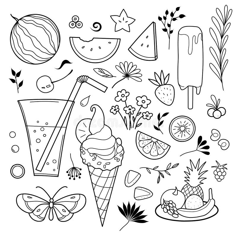 Contour Drawings, a Set of Summer Sweets and Flowers Stock Illustration ...