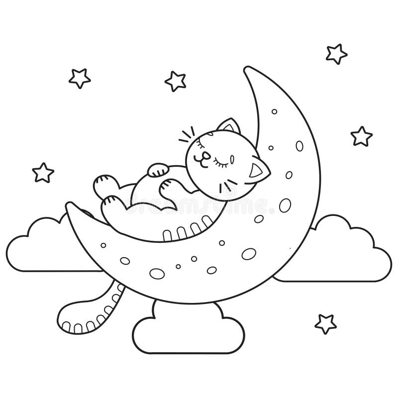 Contour Illustration Of A Cute Cat Sleeping On The Moon Vector