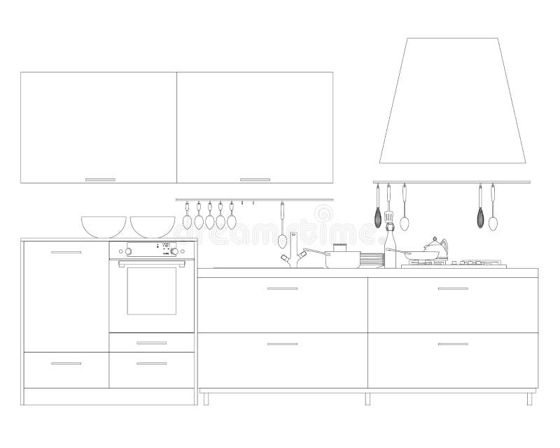 Contour of the Kitchen from Black Lines Isolated on a White Background ...