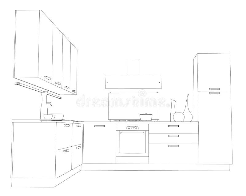 Contour of the Kitchen of Black Lines Isolated on White Background ...