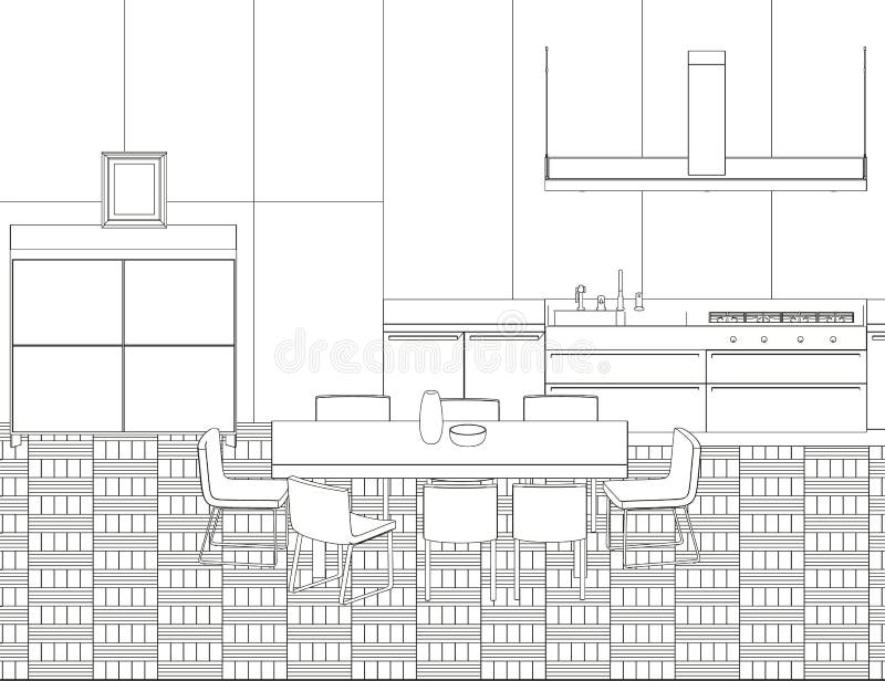 Contour of Kitchen Interior Isolated on White Background. Vector ...