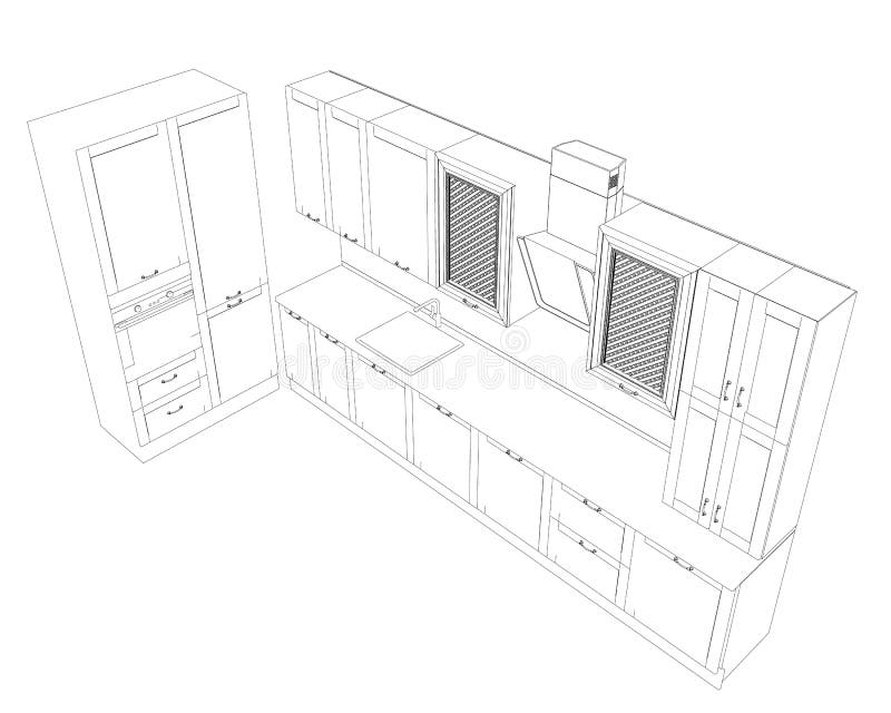 Contour of Modern Kitchen Isolated on White Background. Isometric View ...