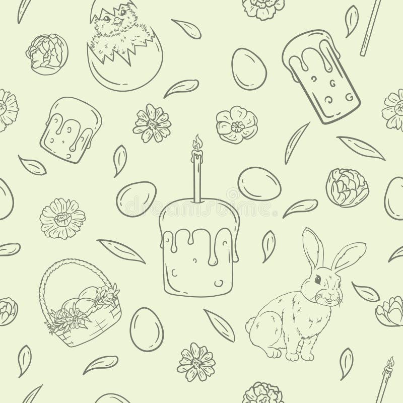 Contour Seamless Easter Pattern for Gift Paper with Easter Cakes, Eggs, Flowers, Hare, Chicken ...