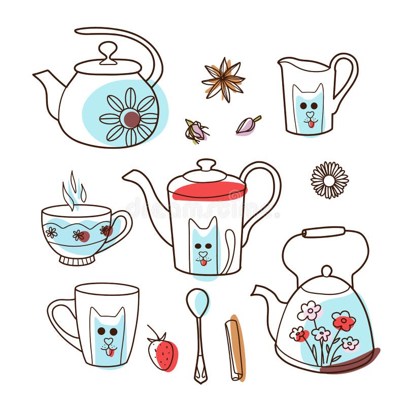 Contour and Spot Drawings, Cup and Teapot Set, for Tea and Coffee Stock ...