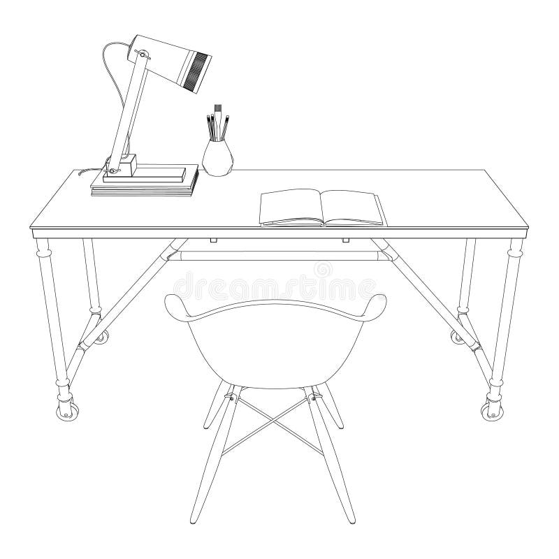 Contour of a Workplace with a Table, Chair, Laptop, Lamp, Camera and ...