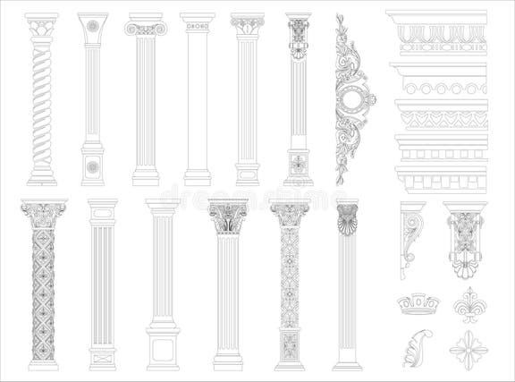 Contouring Coloring Set of Classical Columns Elements Stock Vector ...