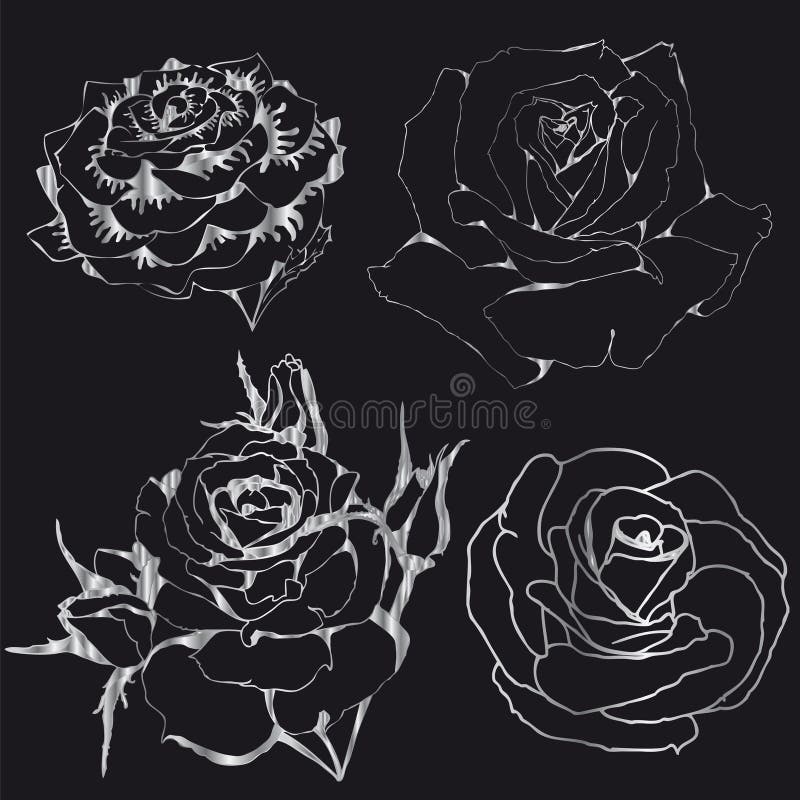 Contours Silver Roses on a Black Background. Stock Vector ...