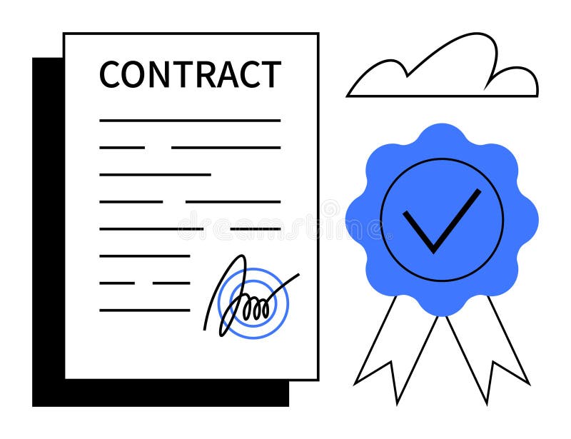 Contract Approval Document with Signature, Certified Ribbon Badge, and Cloud Element for Trust ...