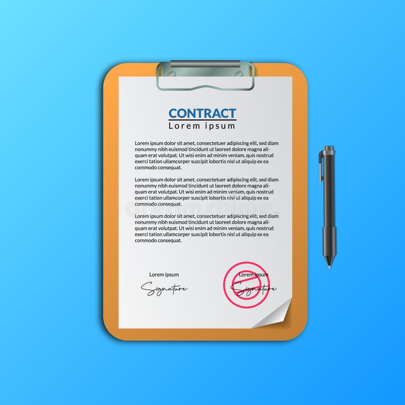 Contract Document Paper with Signature and Stamp on the Clipboard for ...
