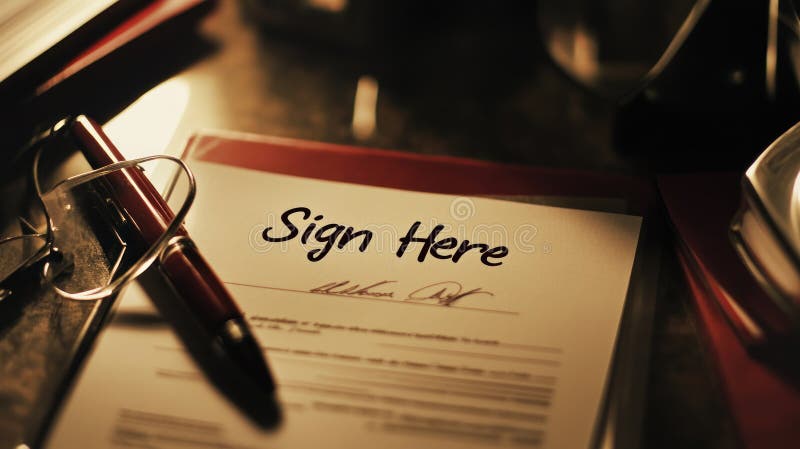 Contract Document with Pen and Glasses on a Desk Stock Illustration ...