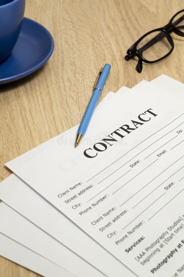 Contract with Pen and Notebook on Wooden Table Stock Image - Image of ...