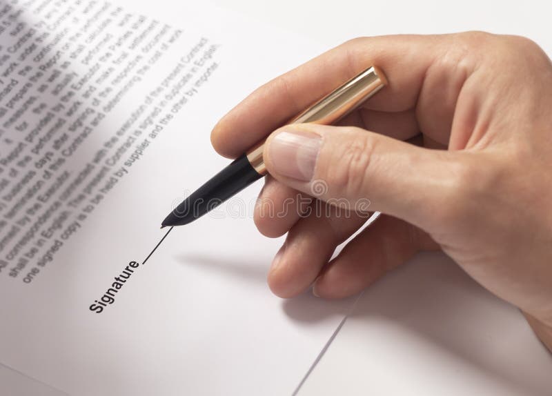 Contract Signing Concept. Businessman Hand with Pen Over Document ...
