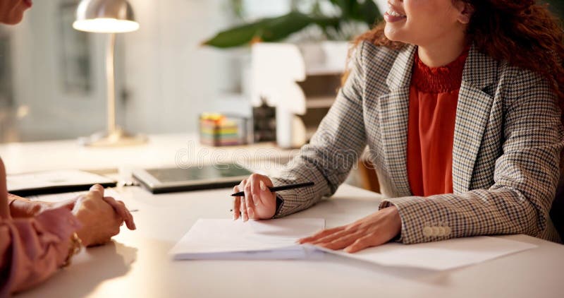 Contract, Woman and Hands of Advisor for Interview, Information or ...