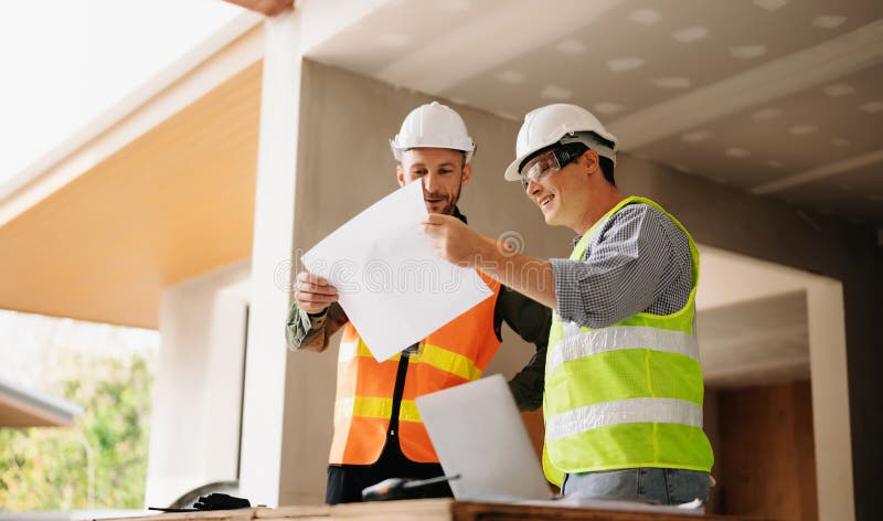 Contractor and Architect Looking at Plan, Tablet, Laptop and Talking ...