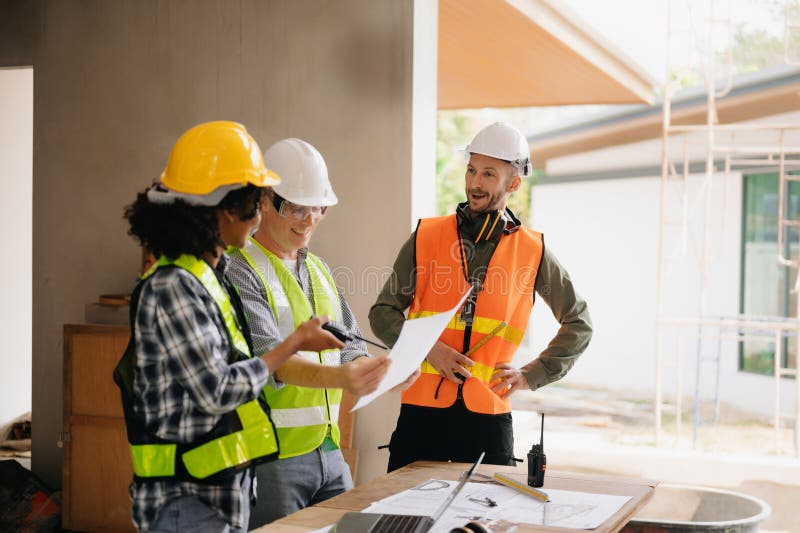 Contractor and Architect Looking at Plan, Tablet, Laptop and Talking ... Contractor and Architect Looking at Plan, Tablet, Laptop and Talking ...