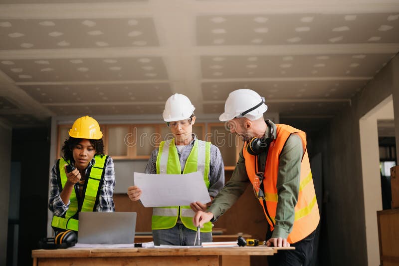 Contractor and Architect Looking at Plan, Tablet, Laptop and Talking ...