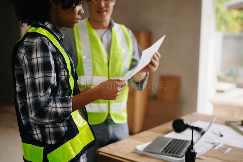 Contractor and Architect Looking at Plan, Tablet, Laptop and Talking ...