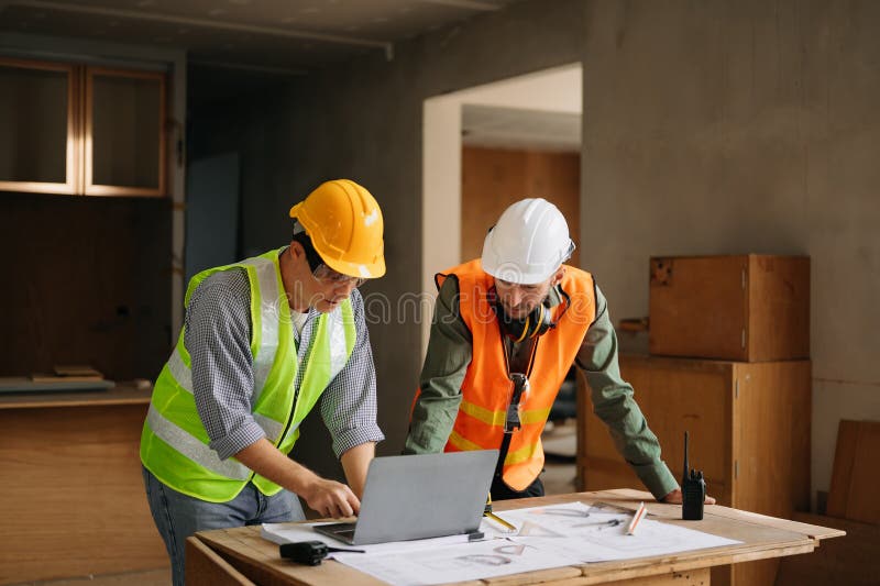 Contractor and Architect Looking at Plan, Tablet, Laptop and Talking ...