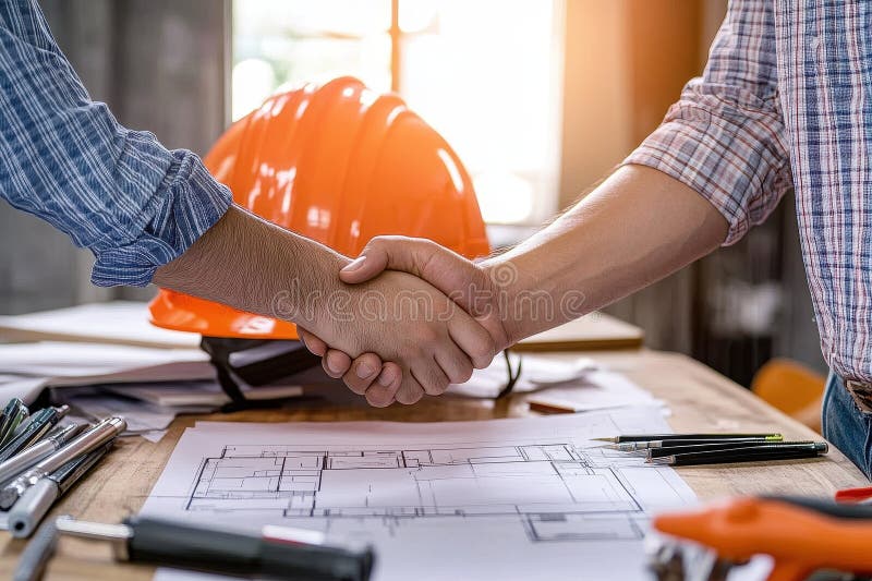 Contractor and Architect Shaking Hands Over Project Plans with ...