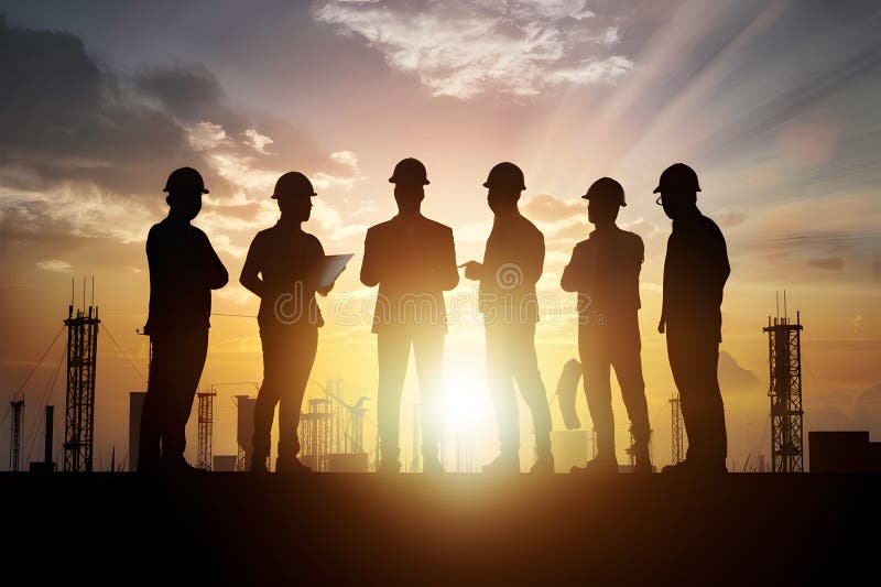 Contractor Concept Sunset Teamwork on Construction Project, Safety Silhouette Stock Illustration ...