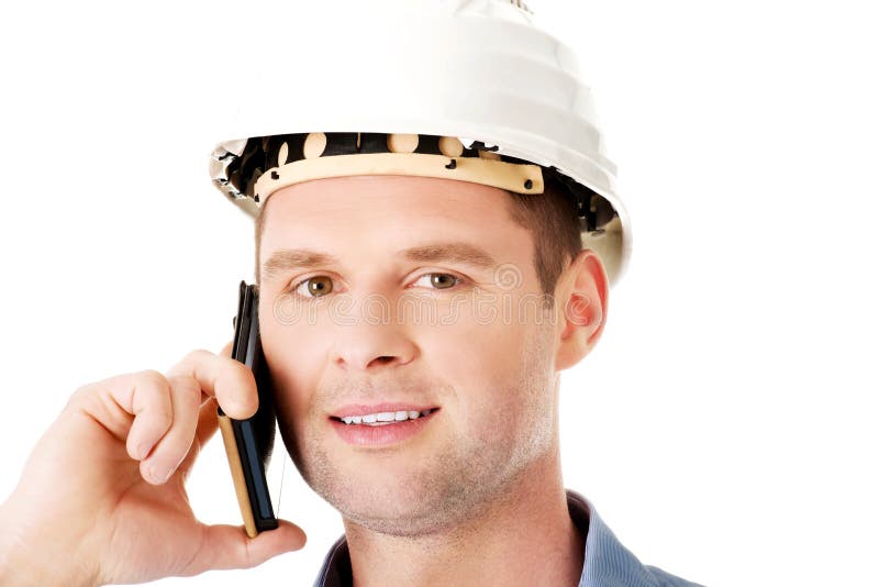 Contractor in Hardhat Talks on His Cell Phone. Stock Image - Image of ...