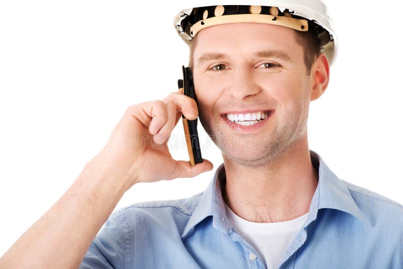 Contractor in Hardhat Using His Cell Phone Stock Photo - Image of ...