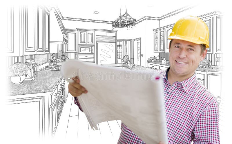 Contractor Holding Blueprints Over Custom Kitchen Drawing Stock Photo ...