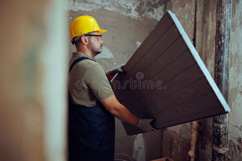 Contractor Holding Foam Core Backer Boards for Bathroom Renovation ...