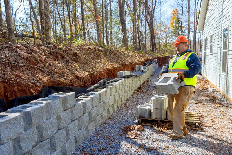 Contractor Installed Mounted Concrete Block Retaining a Walls Stock ...
