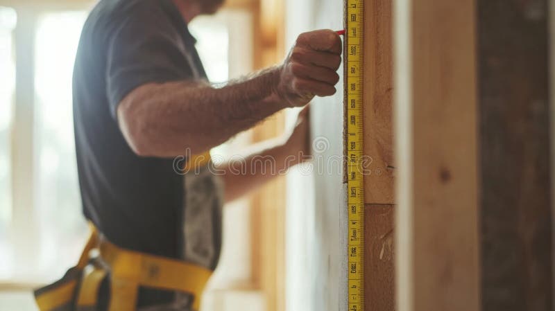 Contractor Measuring Wall during Home Construction Project Stock ...