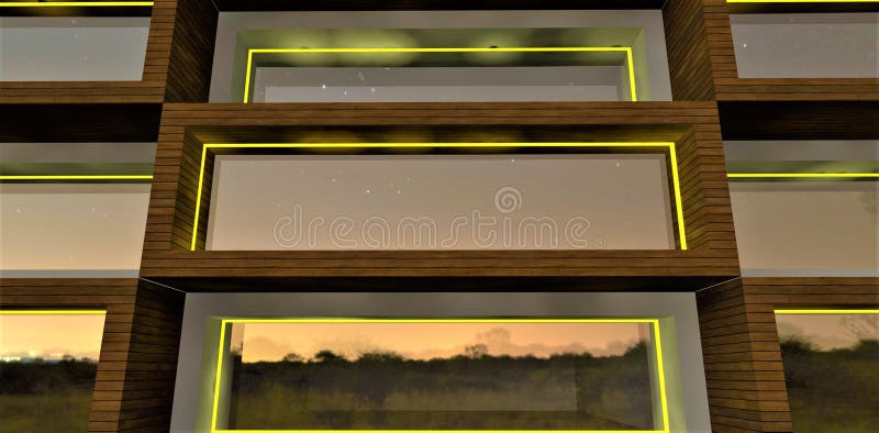 Yellow LED Lighting on the Exterior of a Modern Newly Built House. the ...