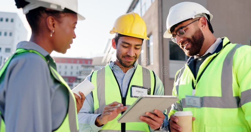 Contractor, Tablet and Planning with Group of People in City for ...