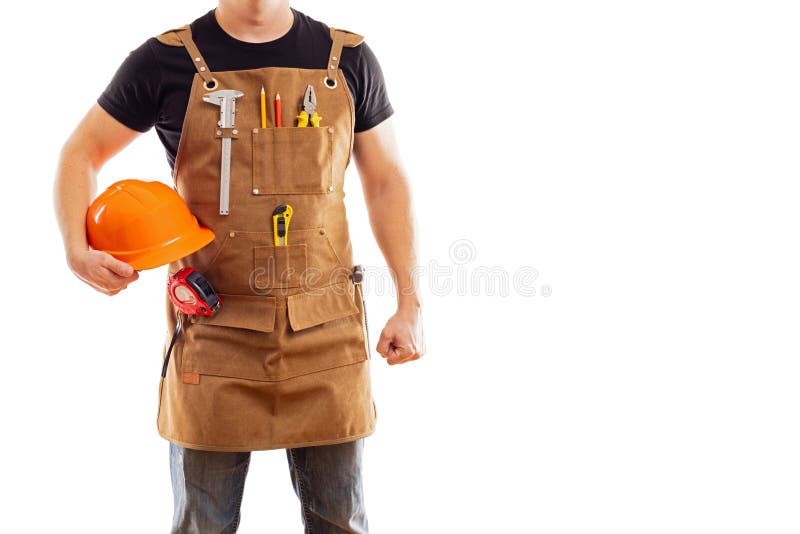 Contractor Worker or Carpenter in Apron with Tools and Helmet Stock ...