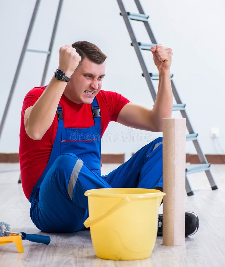 Contractor Worker Preparing for Wallpaper Decoration Stock Photo ...