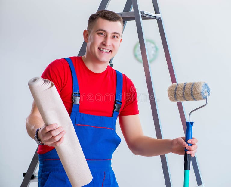 Contractor Worker Preparing for Wallpaper Decoration Stock Photo ...