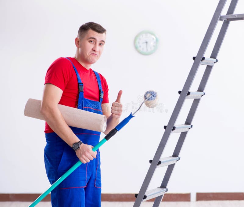 Contractor Worker Preparing for Wallpaper Decoration Stock Image ...