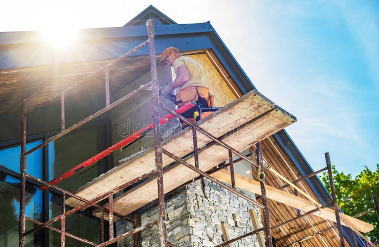 Contractor Working on House Chimney with Scaffolding Stock Image ...