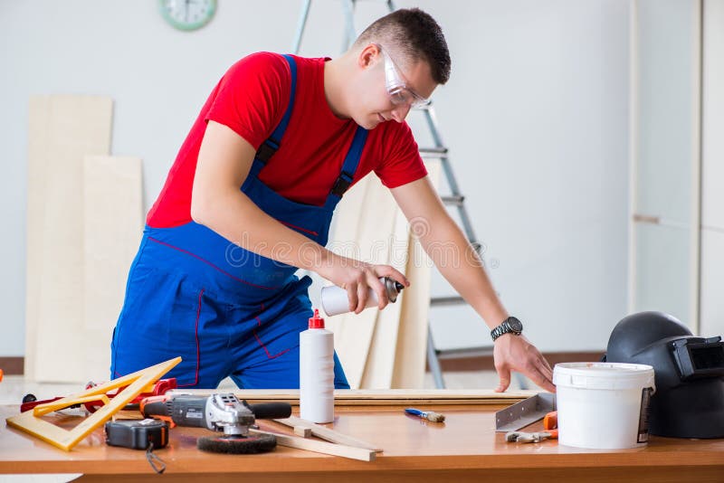 The Contractor Working in the Workshop Stock Image - Image of flooring ...