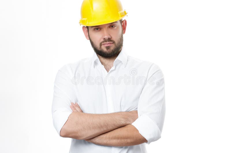 Contractor in Yellow Helmet on White Background Stock Photo - Image of ...
