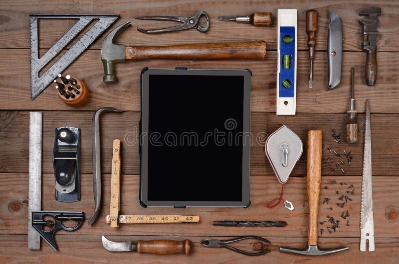 Contractors Tools with Tablet Computer Stock Photo - Image of table ...